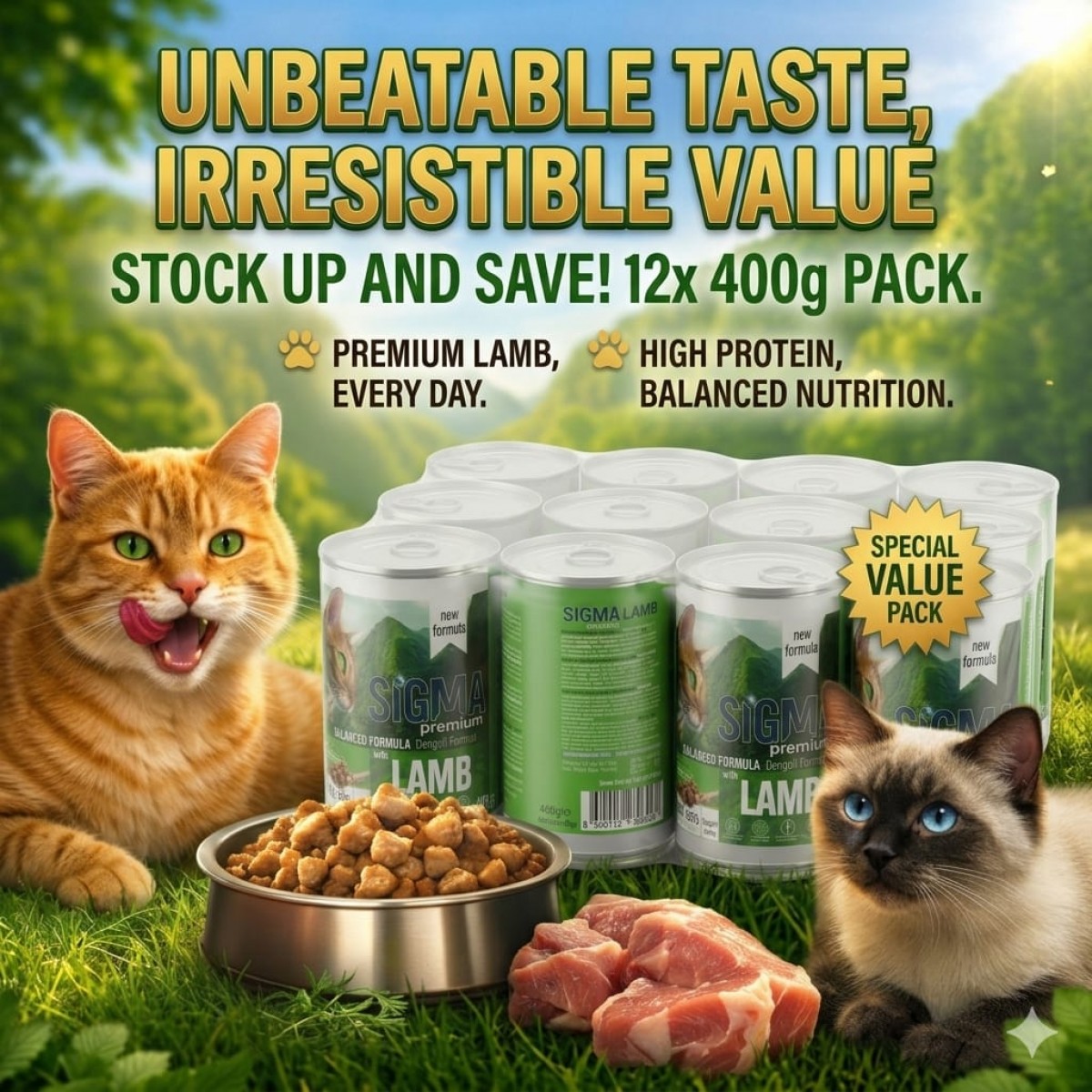 Sigma Premium Adult Cat Food Lamb Chunks in Gravy – 12 x 400g Pack ...